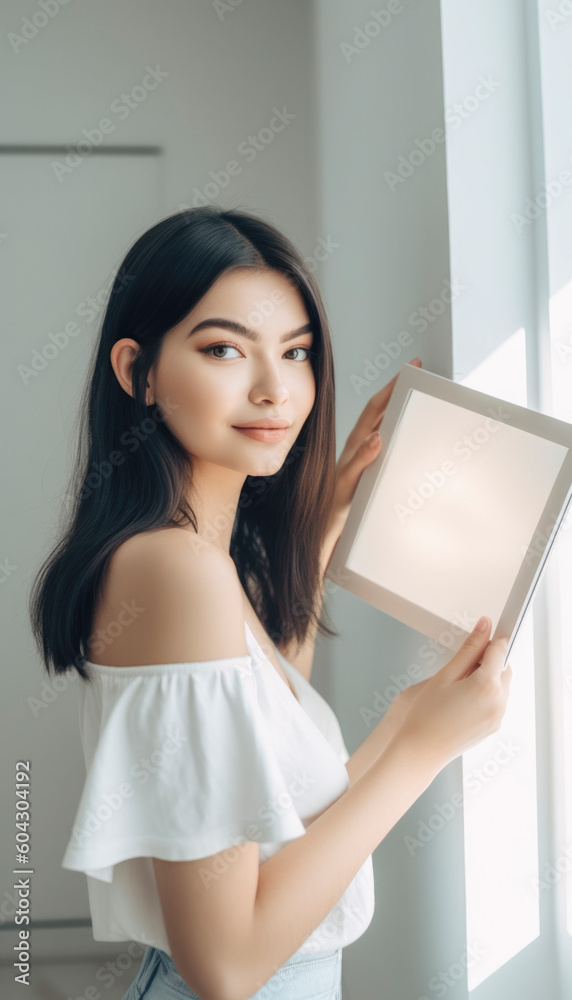 Beautiful young female influencer model with perfect makeup and ...