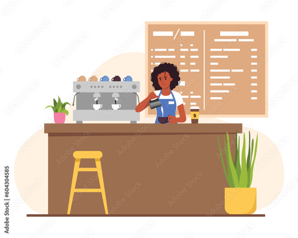 Vector illustration of a barman girl in a cafe. Cartoon scene with a ...