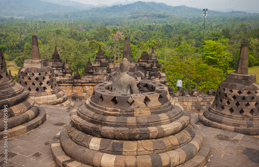 Buddha statues and stupas in the Borobudur Temple complex with ...