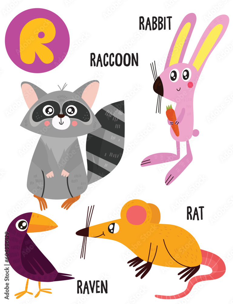 English alphabet with cute animals vector illustrations set. Funny ...