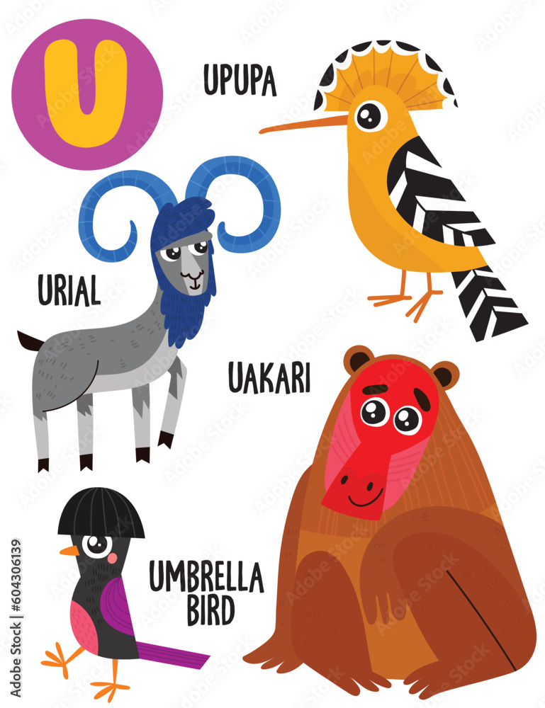 English alphabet with cute animals vector illustrations set. Funny ...