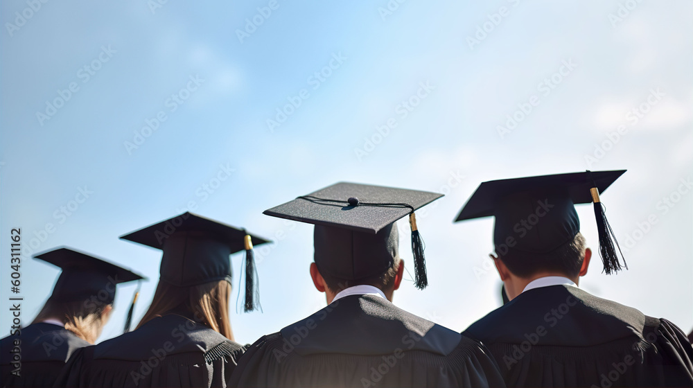 Back view of graduates in gowns and caps on graduation day against a ...