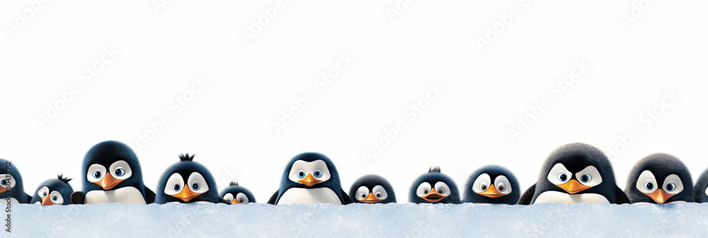 penguins peeking out a corner in white background, with copy space ...