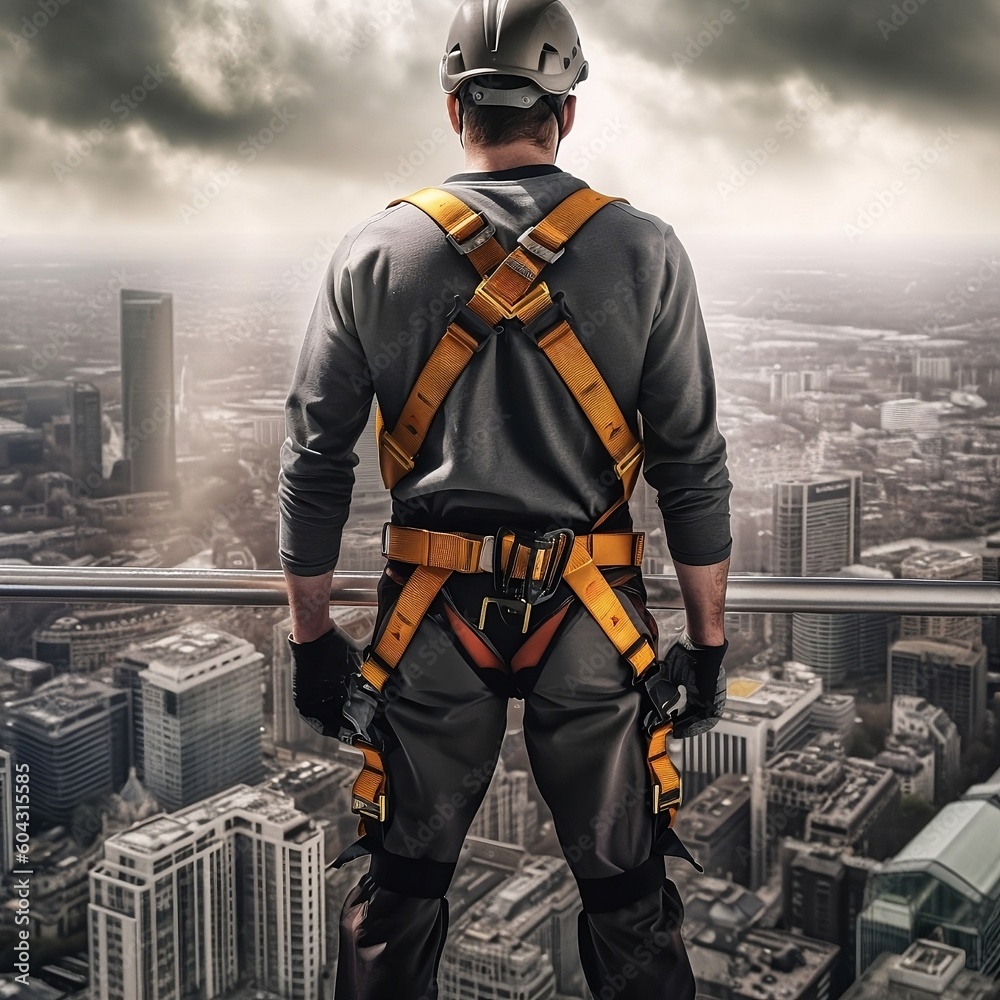 Construction health and safety worker/ operative wearing a harness ...
