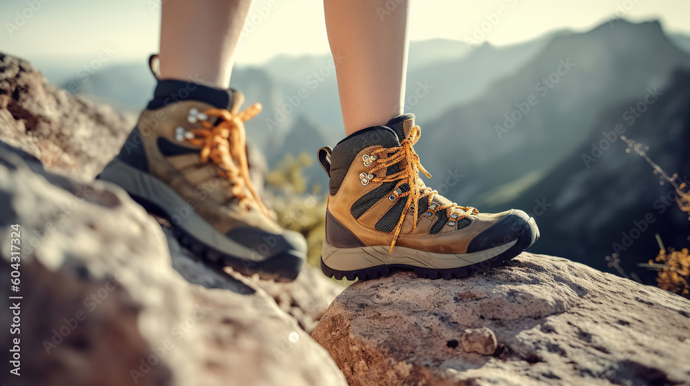 Female hiker legs with modern trekking and climbing boots on a rock in ...