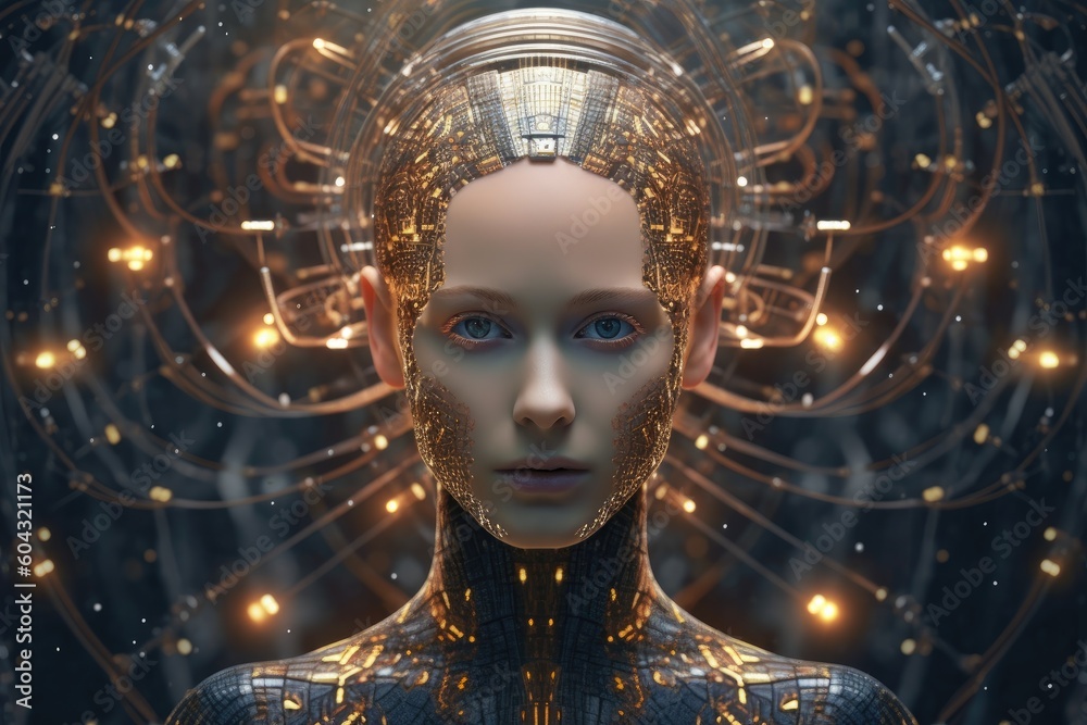 Robotic woman, face detail view. Portrait of robot woman close-up. The ...