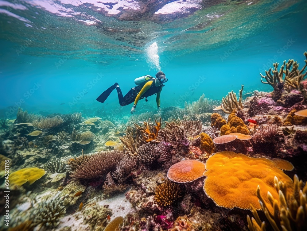 Scuba diver swims over coral reefs in the great barrier reef, brisbane ...