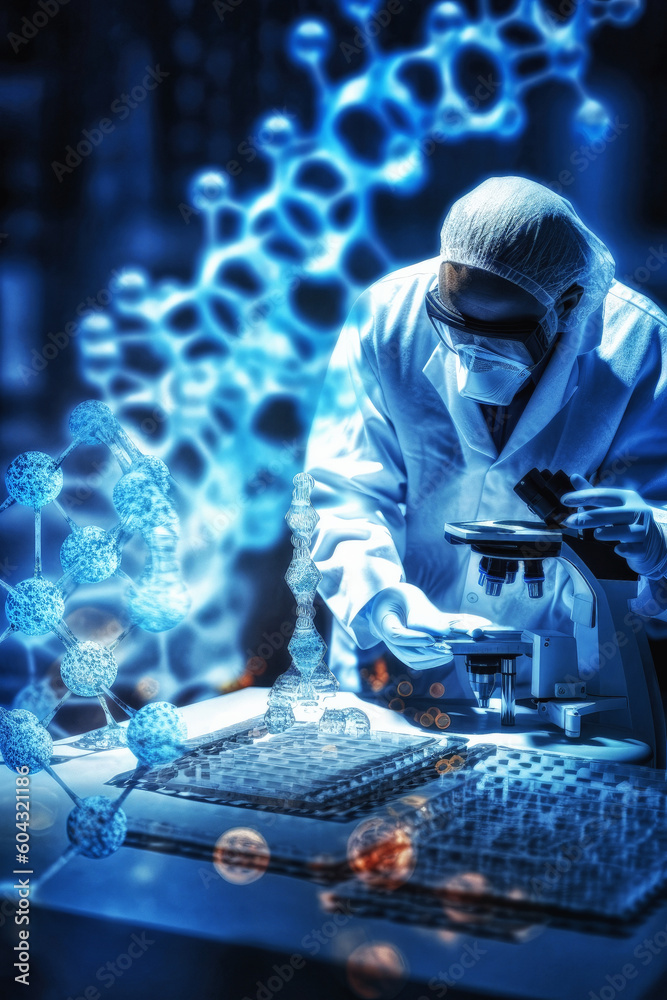 Scientists are experimenting and research with molecule model, DNA ...