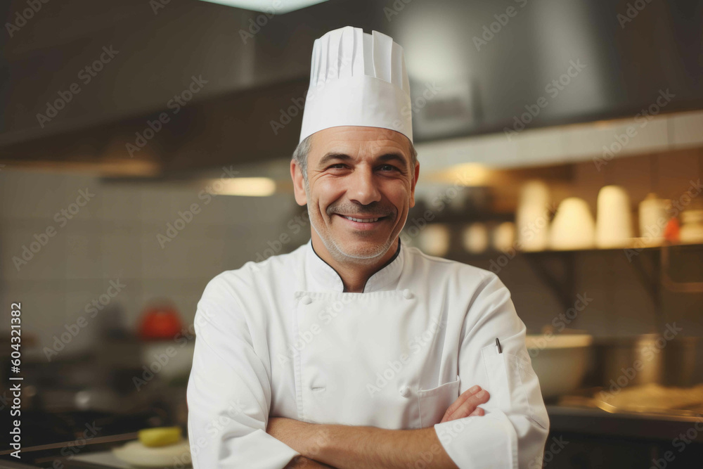 Famous Chef of a Big Restaurant Crosses Arms and Smiles in a Modern ...