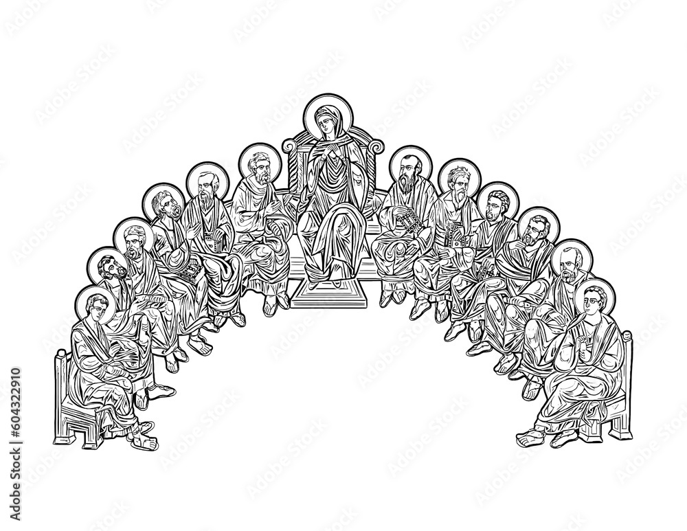 12 apostles and virgin Maria. Part of Pentecost icon in byzantine style ...