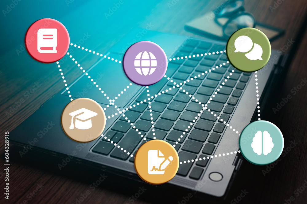 Desktop photo as background with VR interface for online class. E ...