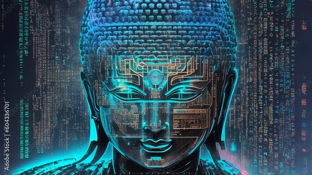 ภาพประกอบสต็อก Holographic buddha male face with matrix style computer ...