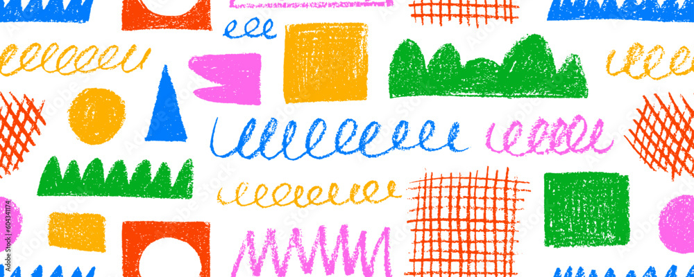 Random childish colored pencil shapes and scribbles seamless pattern ...