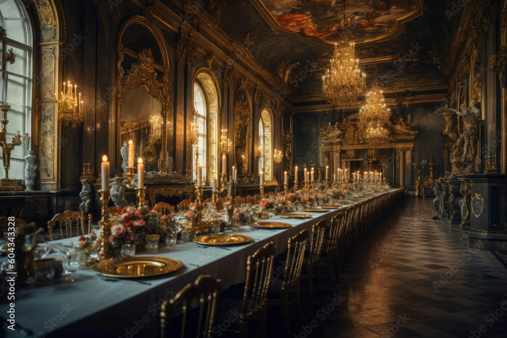 The grand hall was the scene of a royal banquet, with a long, polished ...