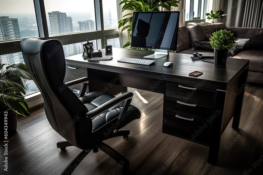 Professional Office Setup: Premium Table, Computer, and Chair Stock ...