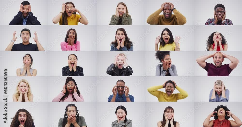 Diversity, people with surprised face and against a grey background ...