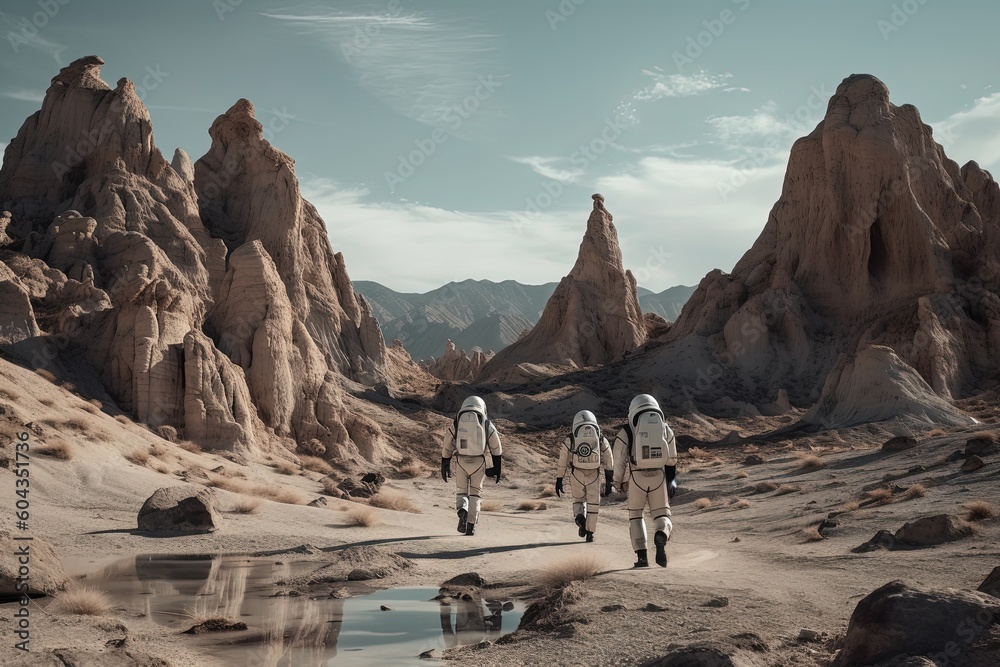 Groups of astronomy and astronauts exploring planets in outer space, made with generated ai ...