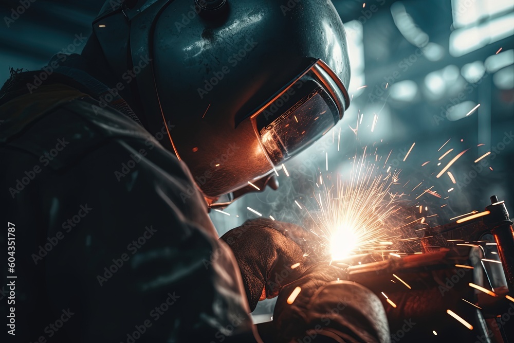 Worker is welding using mig mag welder constructions in the factory ...