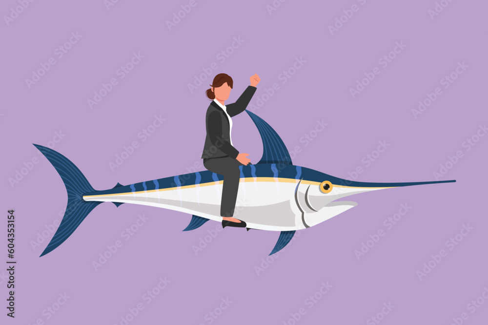 Vetor de Graphic flat design drawing brave businesswoman riding huge ...