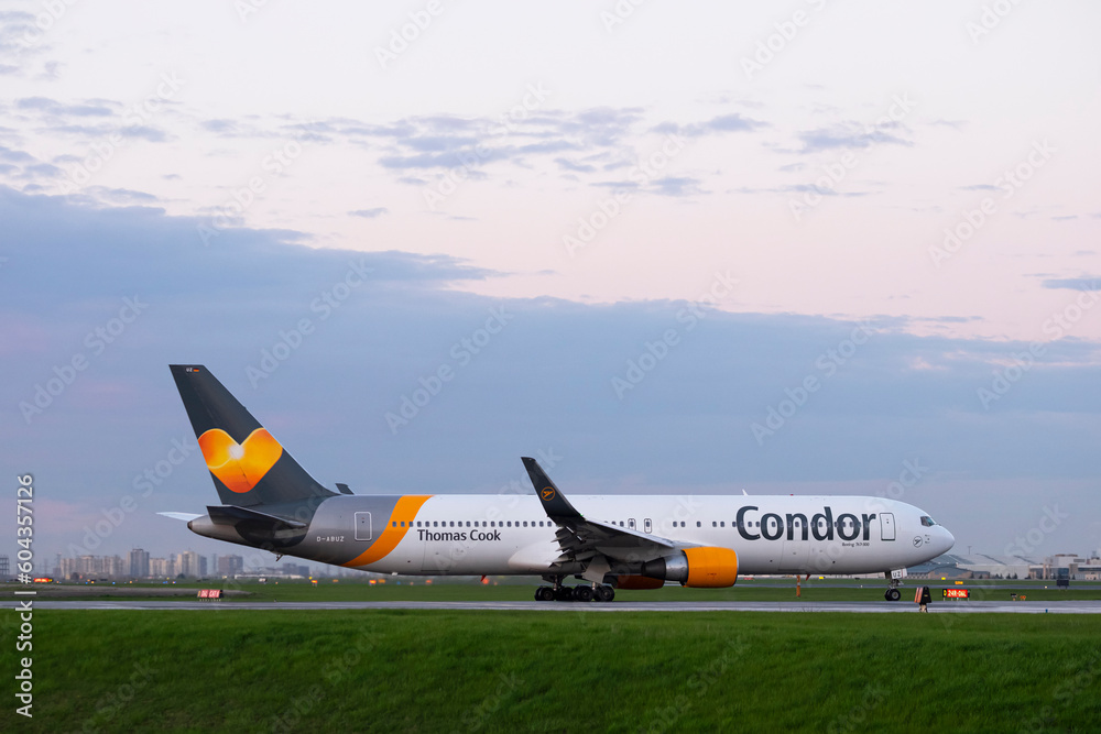 Close view of Condor airlines Boeing 767-300 airplane landing / taking ...