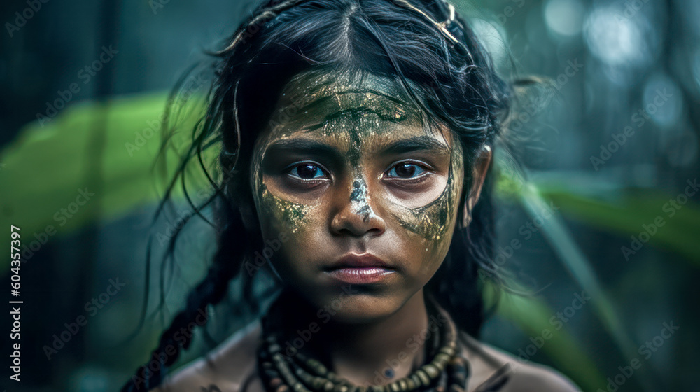 Girl standing in the jungle with green tribal painting in the ...