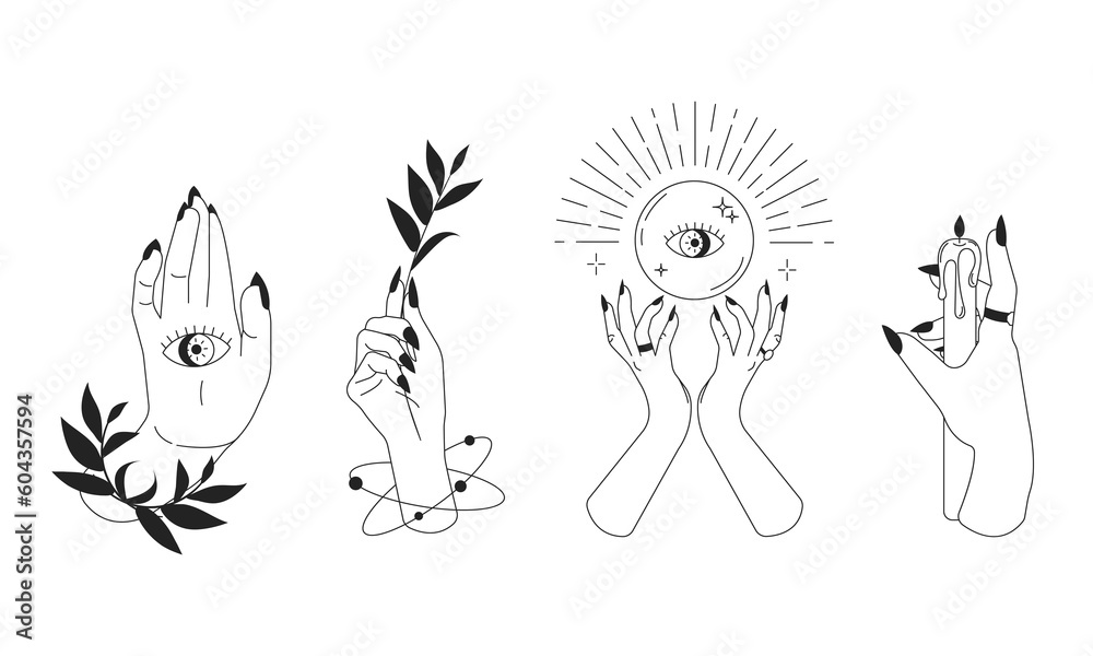 Magical hands set.Trendy linear minimal style woman hands holding ...