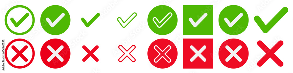 Set of green approval check mark and red cross icons in circle, square, flat checkmark approval ...