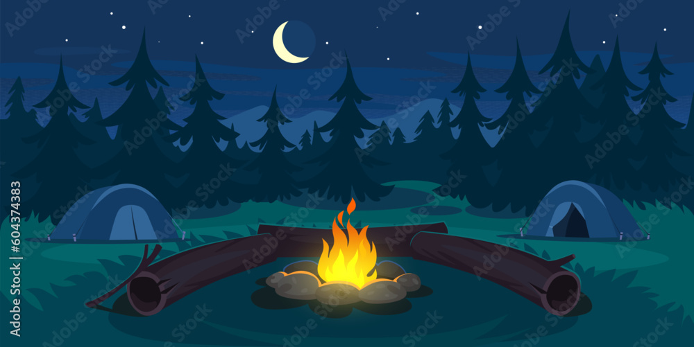 Night camp in a forest with tents, campfire and log near it. Landscape ...