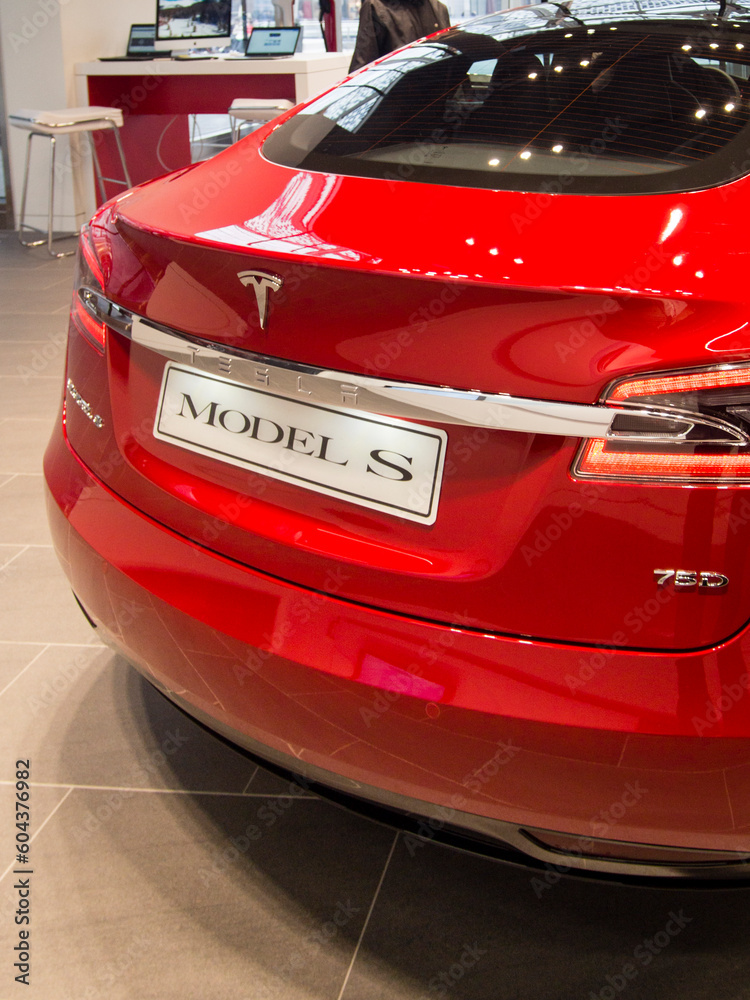 Tesla EV electric car brand dealer in Milano, Italy, Tesla model S and ...