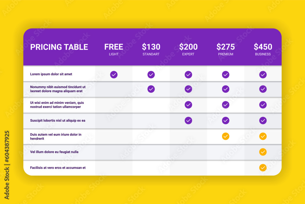 Price chart. Tariffs comparison. Commercial service. Layout with ...