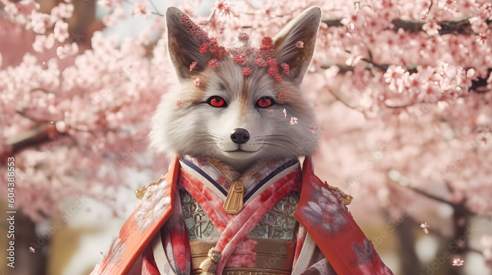Realistic image of a Kitsune, Japanese spirit human fox dressed in a ...