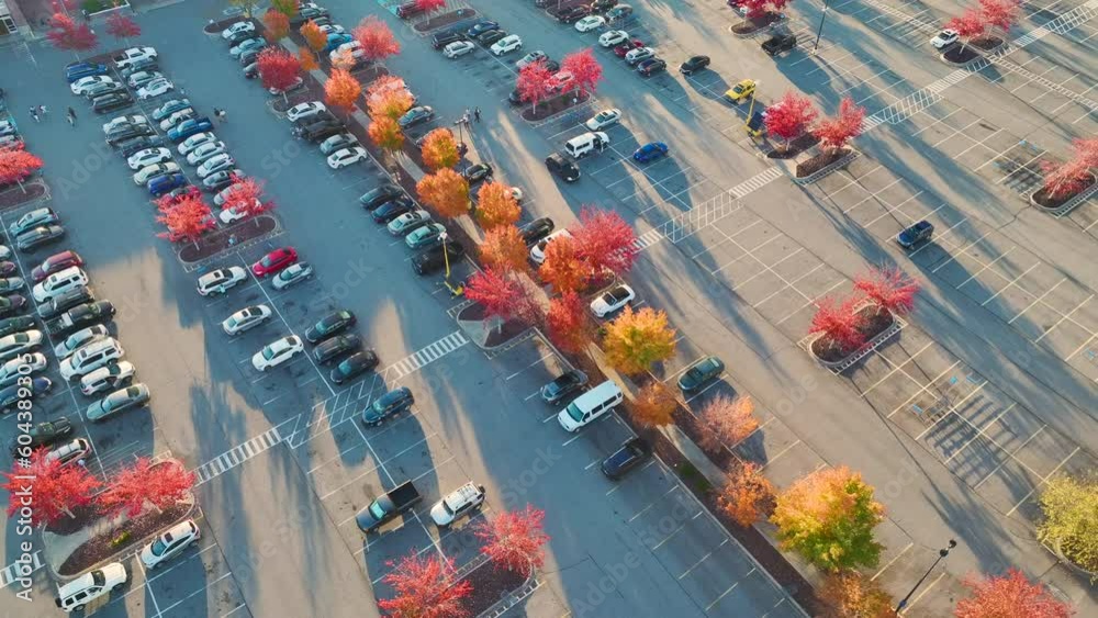 Aerial view of many colorful cars parked on parking lot with lines and ...