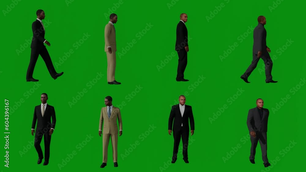3d several different black bodyguard men on green screen walking and ...