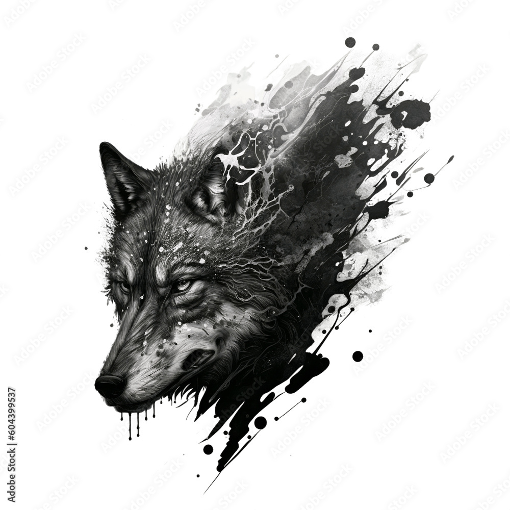 Gray Wolf head isolated on transparent background in black and white ...