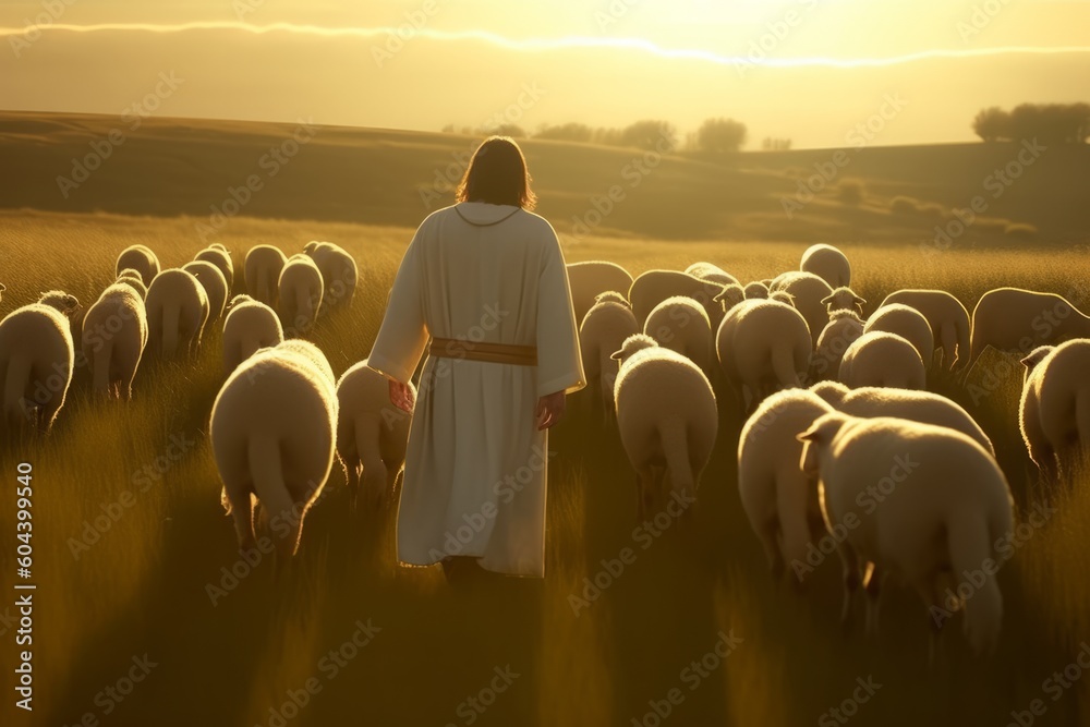 Divine Guidance: Shepherd Jesus Christ Leading His Flock and Praying to ...