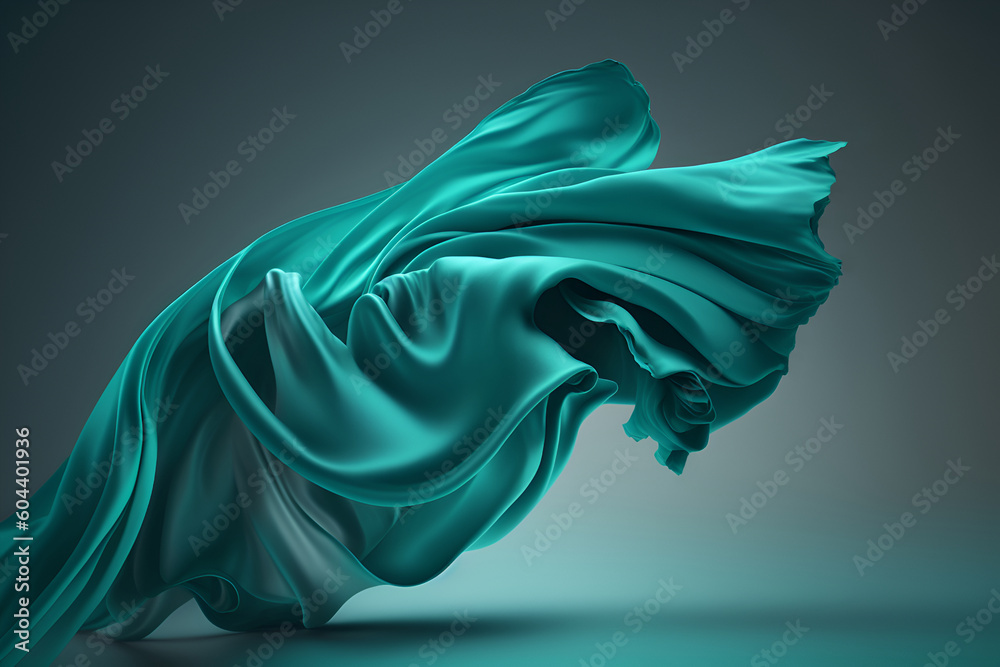 Beautiful deep turquoise silk cloth floating flying in the air. With ...