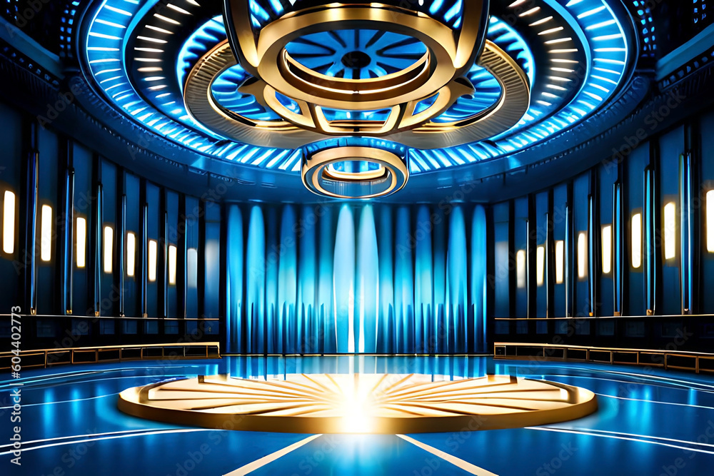 Creative Blue Dance Floor Stage Empty Podium Blue Golden Background With Lights And Bokeh