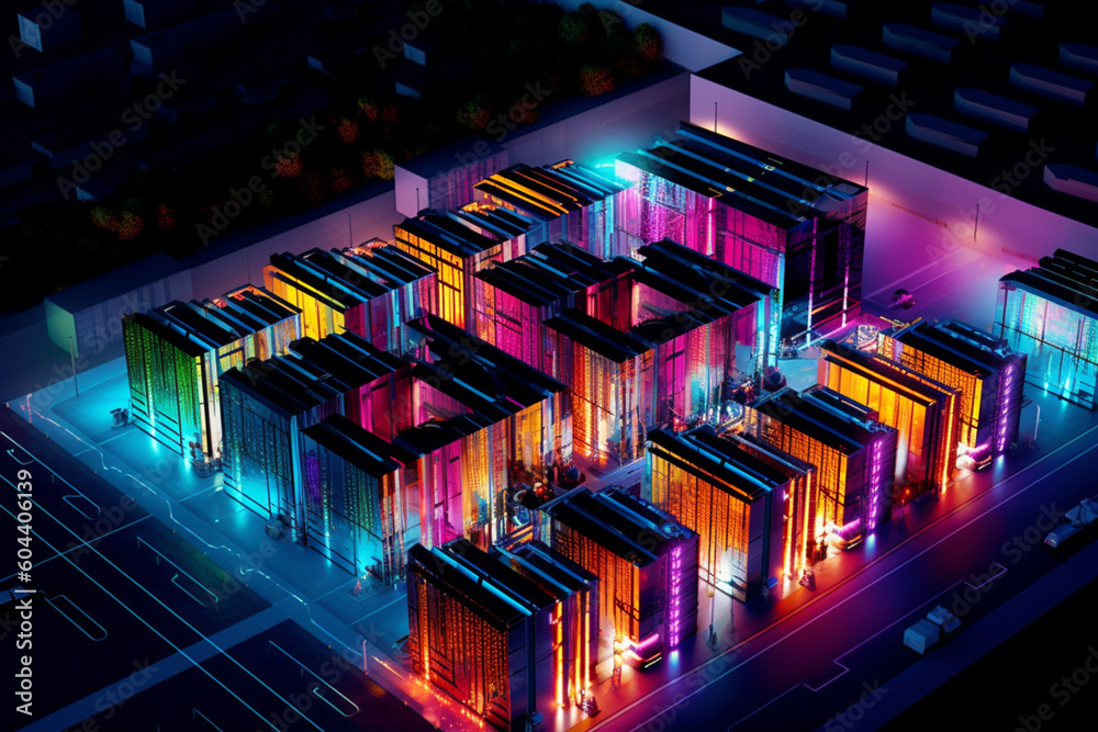 An aerial view image of a data center facility, showcasing rows of ...