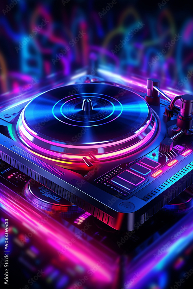 A digital rendering of a DJ turntable, with vibrant neon lights and ...