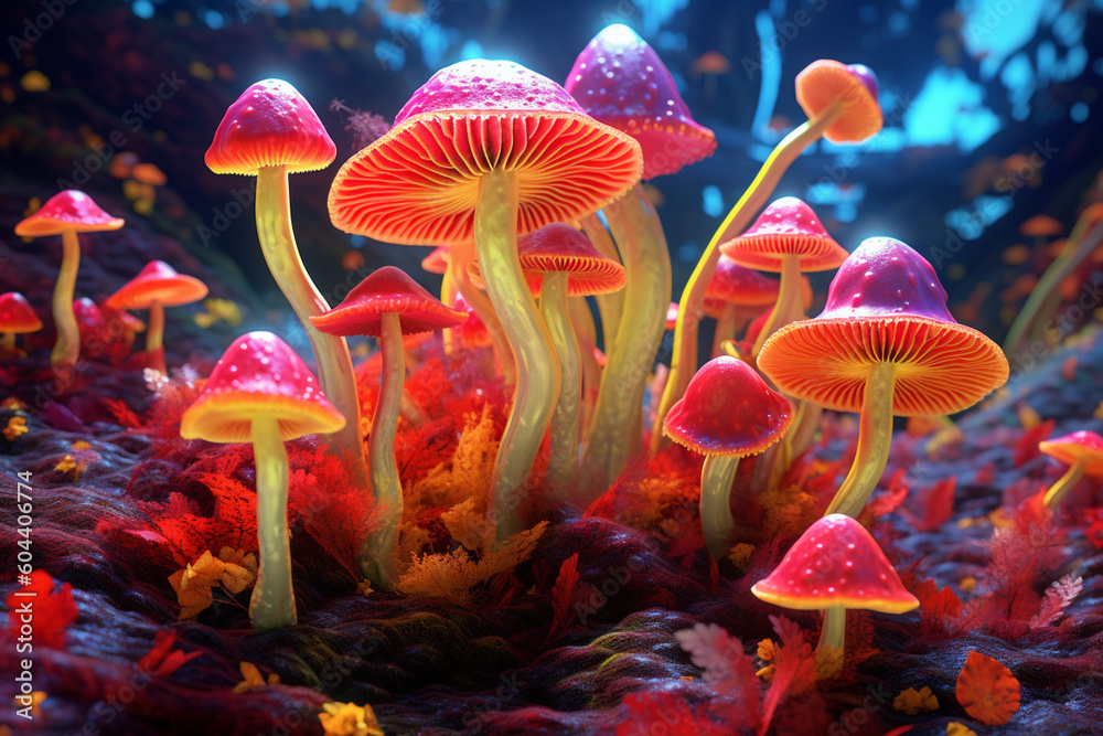 A digital rendering of psychedelic mushrooms, with vibrant and surreal ...