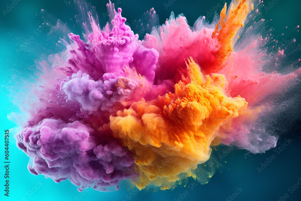 A macro photograph of colored powder being thrown into the air, with ...