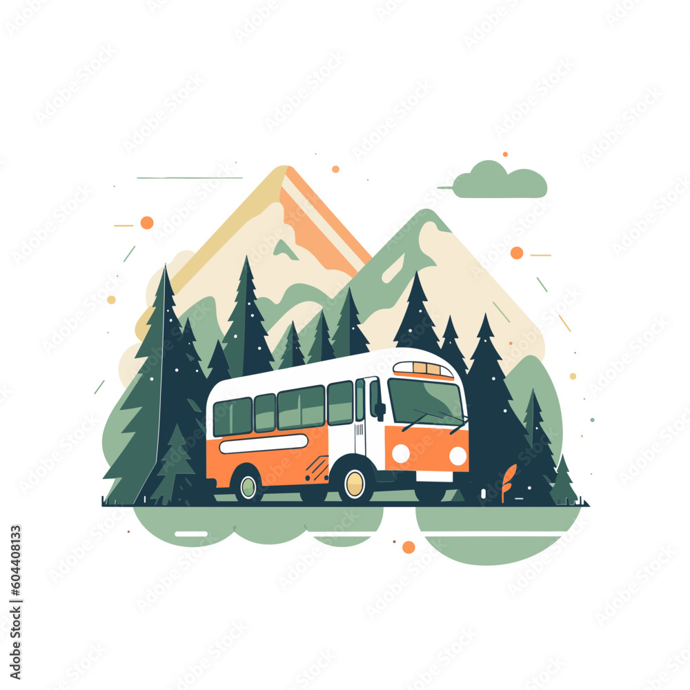 camper bus caravan - vector Cartoon flat illustration.green forest ...