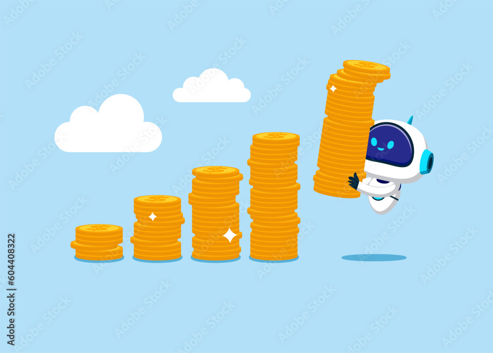 Cyborg with artificial intelligence holding high stack of dollar money ...