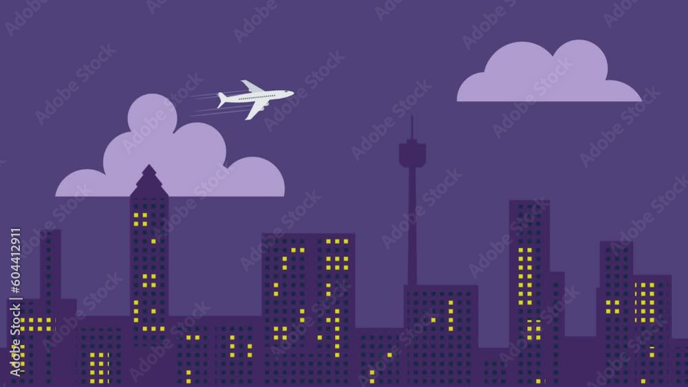 2d explanier night scene background with crescent moon, plane ...