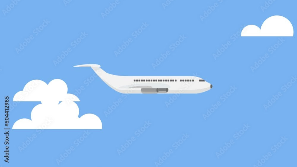 2d animated plane flying through clouds in bight blue sky, 2d explainer ...