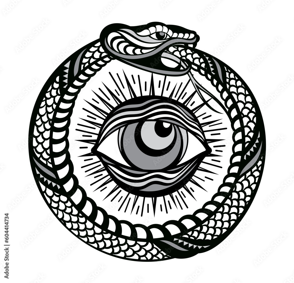 Tattoo of All Seeing Eye inside Snake Knot. Hand drawn Masonic Symbol ...