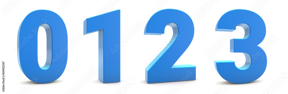 Numbers 0,1,2,3 isolated on white background. Blue 3d numbers. 3d shiny ...