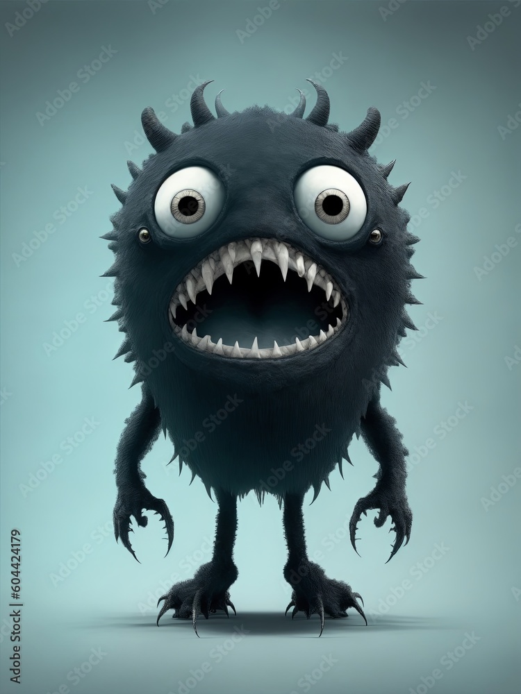 Cute fluffy monster. 3D character of a blue cute fluffy monster with ...