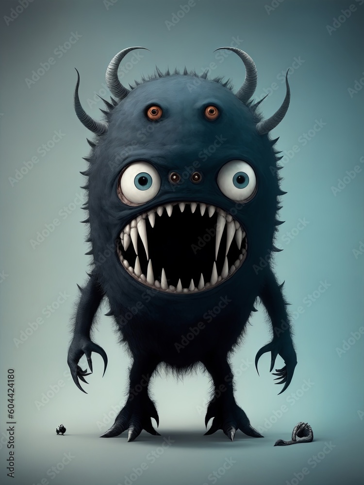 Cute fluffy monster. 3D character of a blue cute fluffy monster with ...