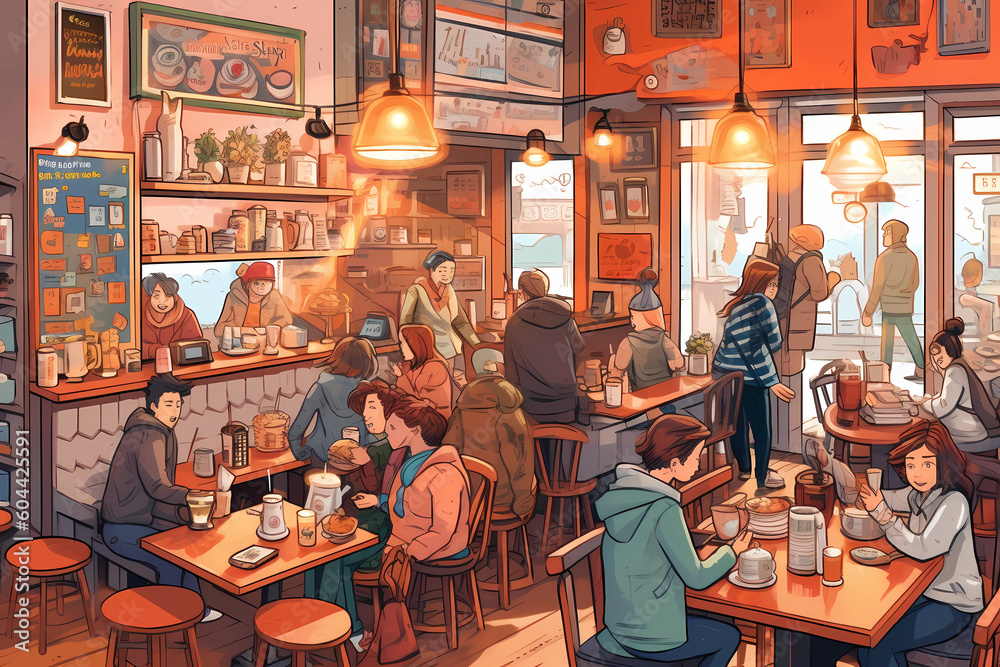 Hand-drawn illustration of a cozy coffee shop scene with diverse ...